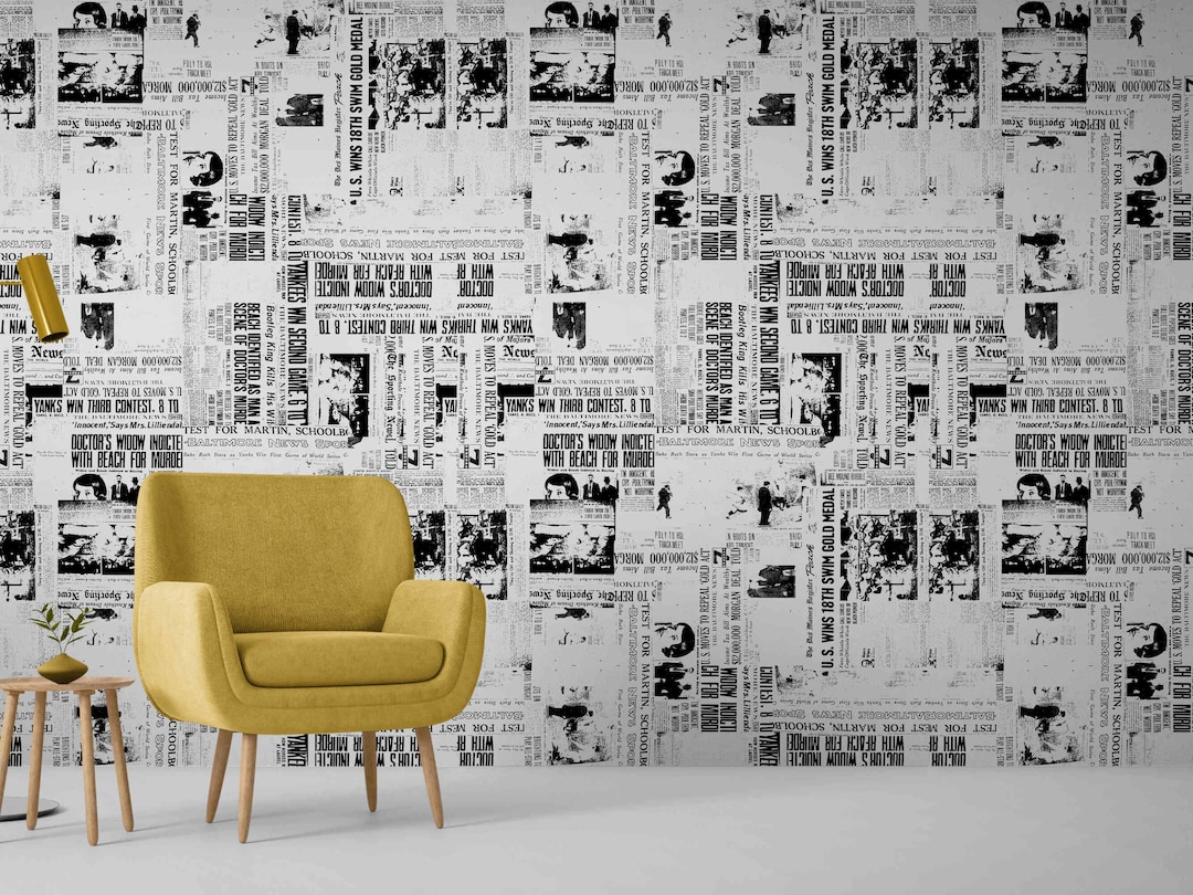 Vintage Newspaper Print Wallpaper – Black & White Newspaper Mural Peel ...