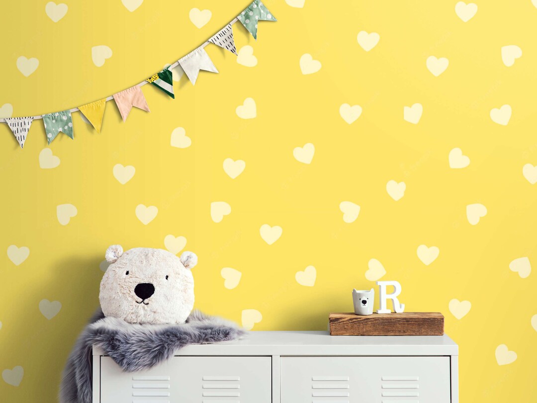 Yellow Murals Wallpaper Hearts Pattern Mural Wallpaper for - Etsy