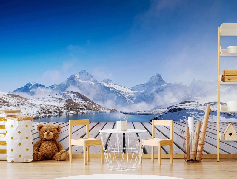 Mountain View Wallpaper Mural – 3D Landscape Peel & Stick Wall Covering ...