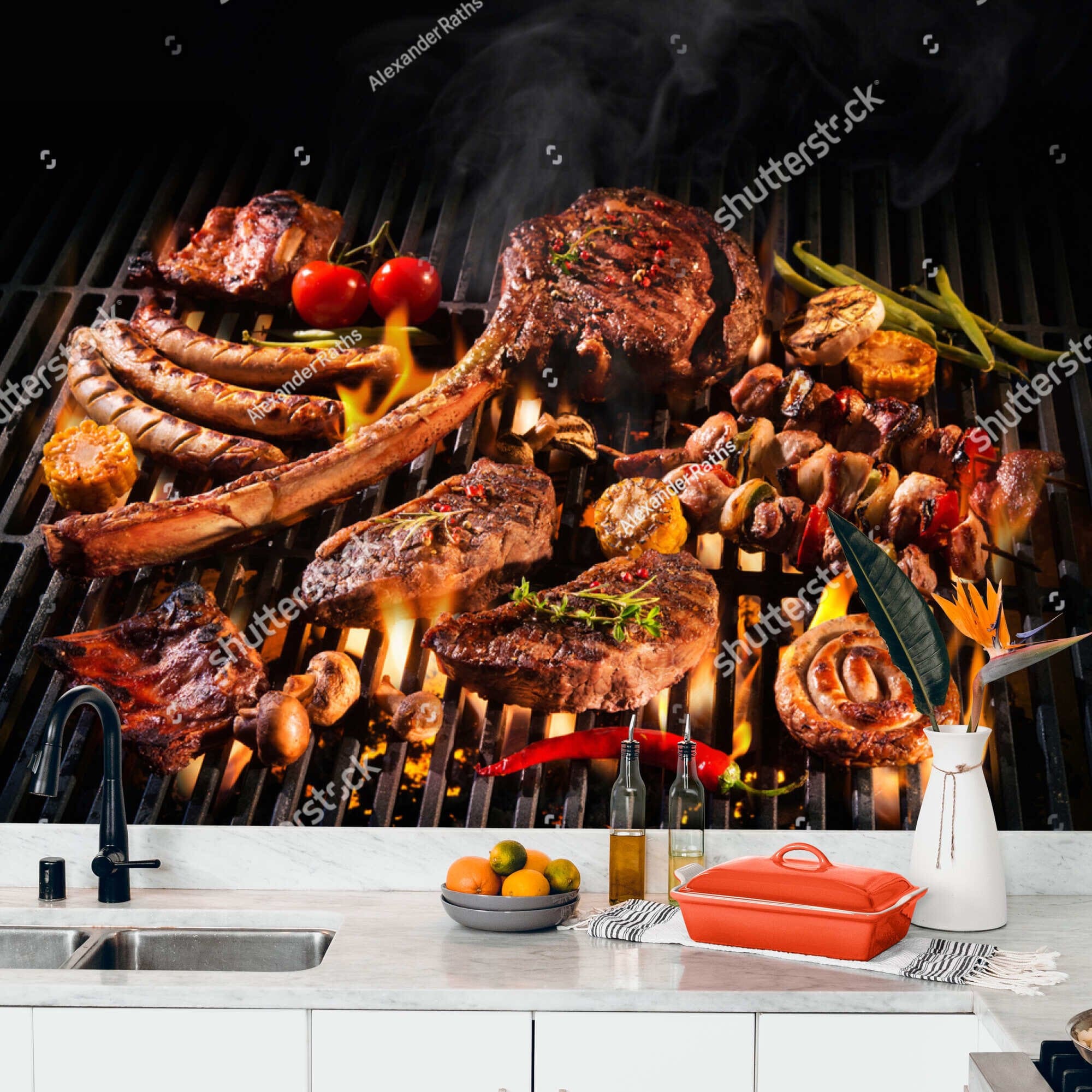 Food Grill Wallpaper, Kitchen Mural, BBQ Wall Decor - Etsy
