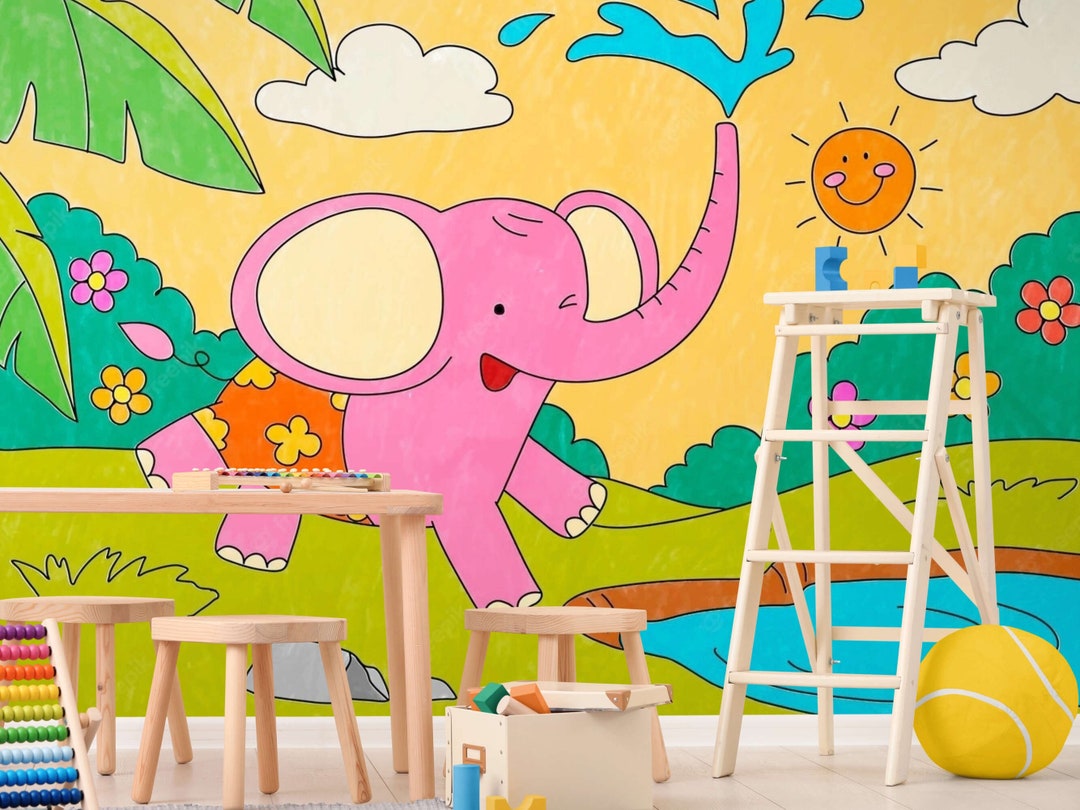 Wallpaper Coloring Wall Mural Animals Pink Eliphant Mural - Etsy