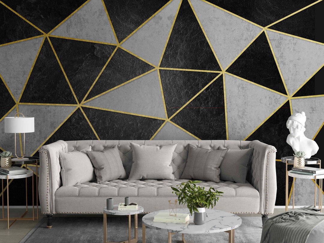 Modern Stone Peel and Stick Wallpaper Black & Grey Wallpaper With Gold ...