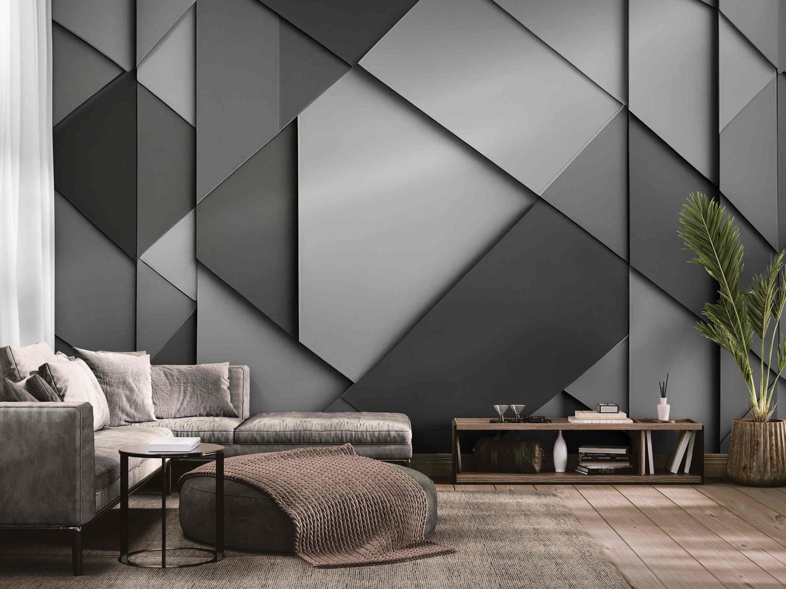 3D Geometric Gray Wallpaper Mural – Modern Minimalist Wall Design With ...