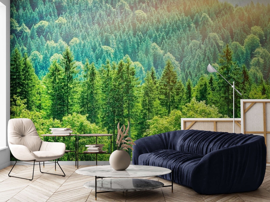 Magic Forest Wall Mural Forest Wallpaper Wall Art Green Fabric Mural ...
