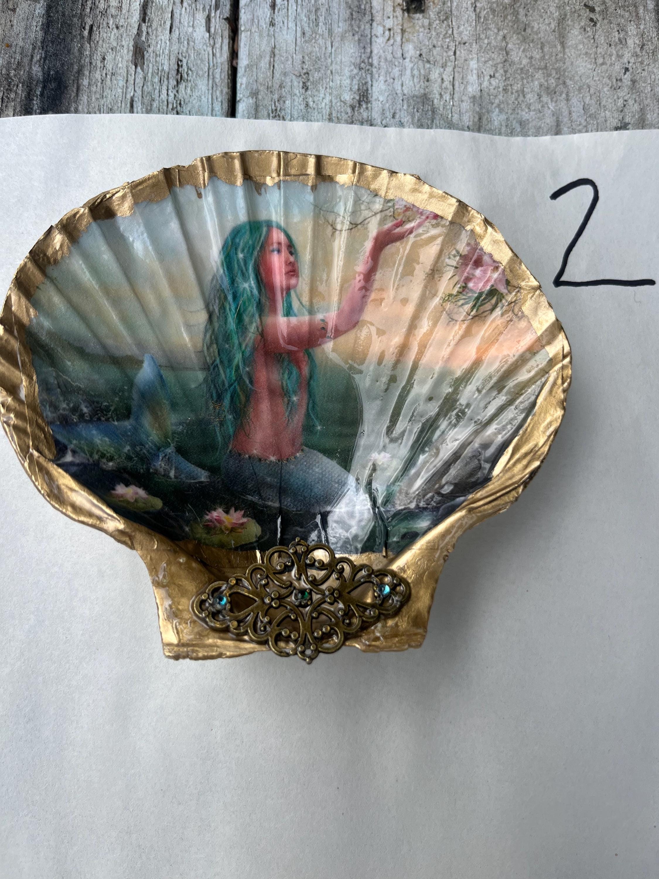 Decoupaged Scallop Shell Mermaid, Mermaid Design, Jewelry Dish, Trinket ...