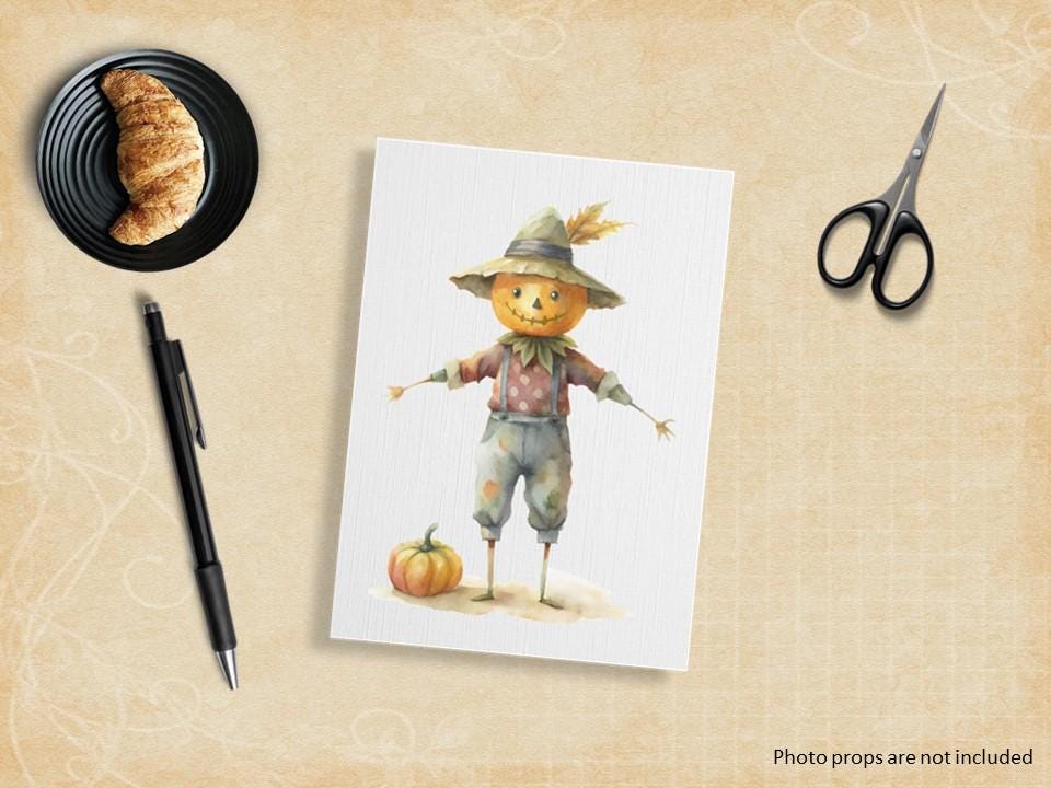 Cute Scarecrow Card Set, Thanksgiving Holiday Greeting Cards, Autumn ...