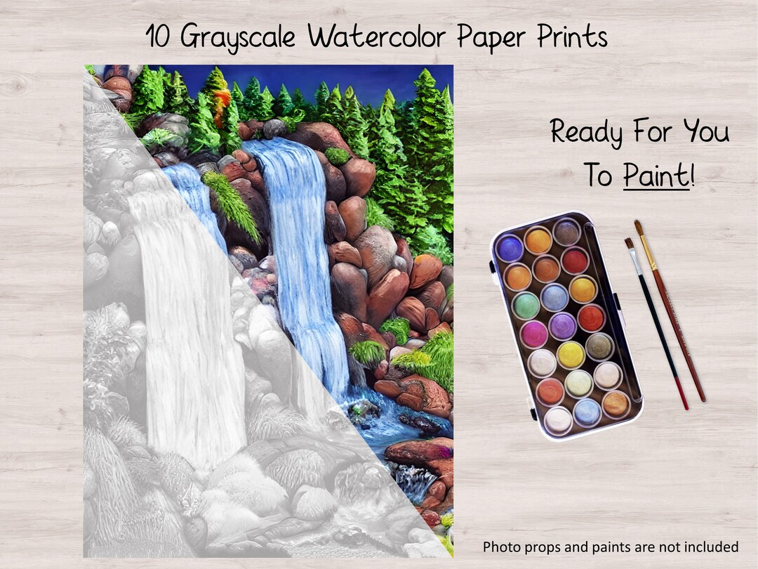 Grayscale Watercolor Painting, 10 Waterfalls Mountains Landscapes ...