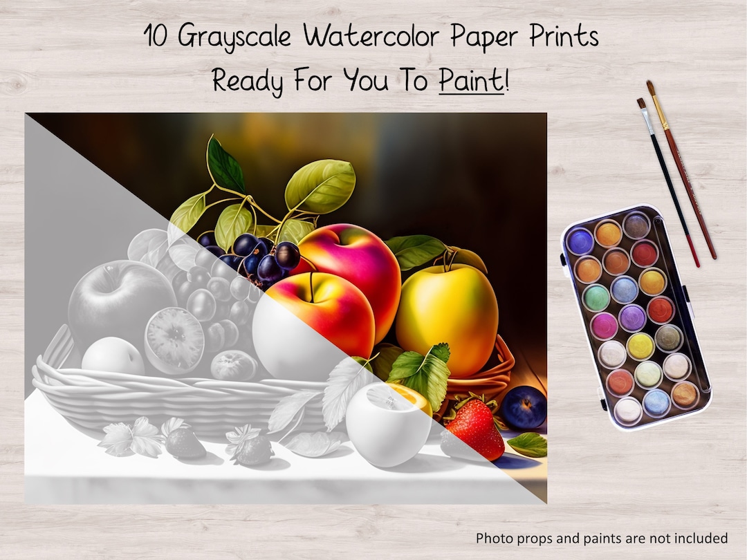 Grayscale Watercolor Painting, 10 Fruit Baskets and Bowls, Printed on ...