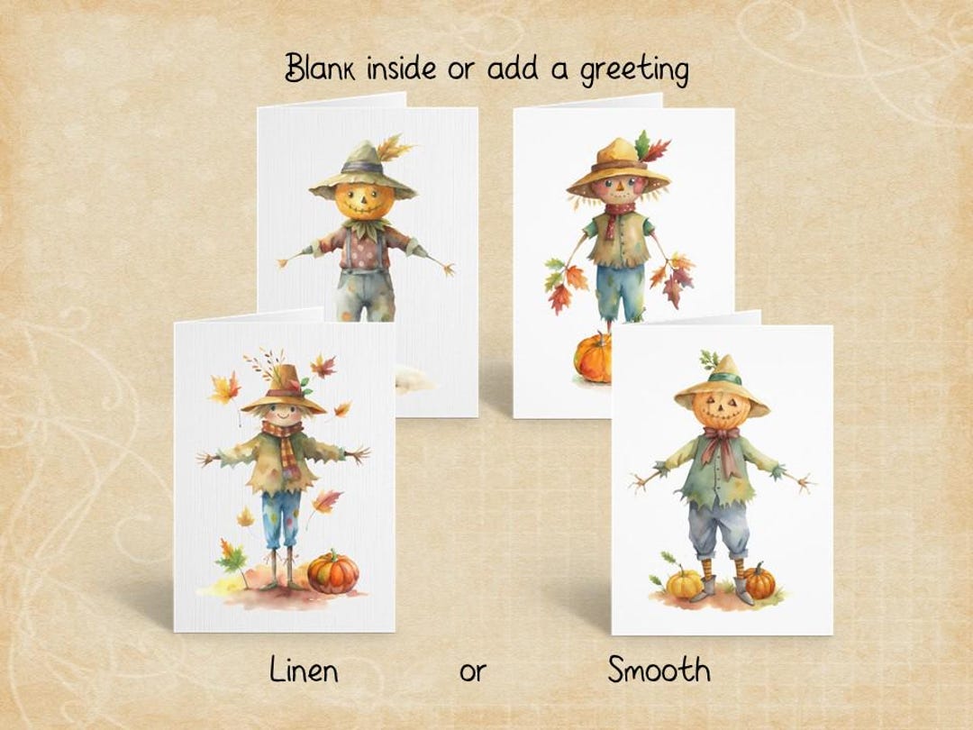 Cute Scarecrow Card Set, Thanksgiving Holiday Greeting Cards, Autumn ...