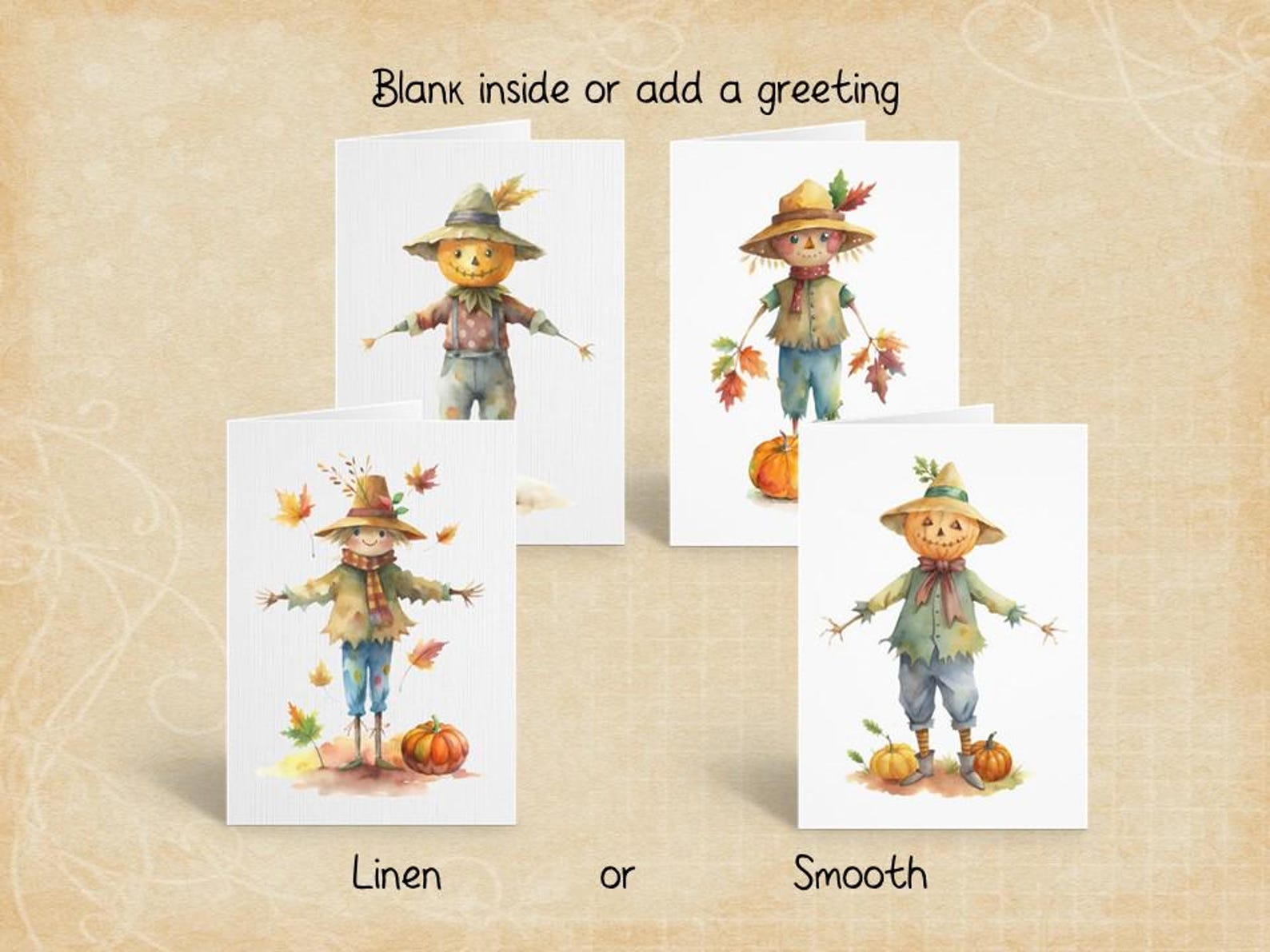 Cute Scarecrow Card Set, Thanksgiving Holiday Greeting Cards, Autumn ...