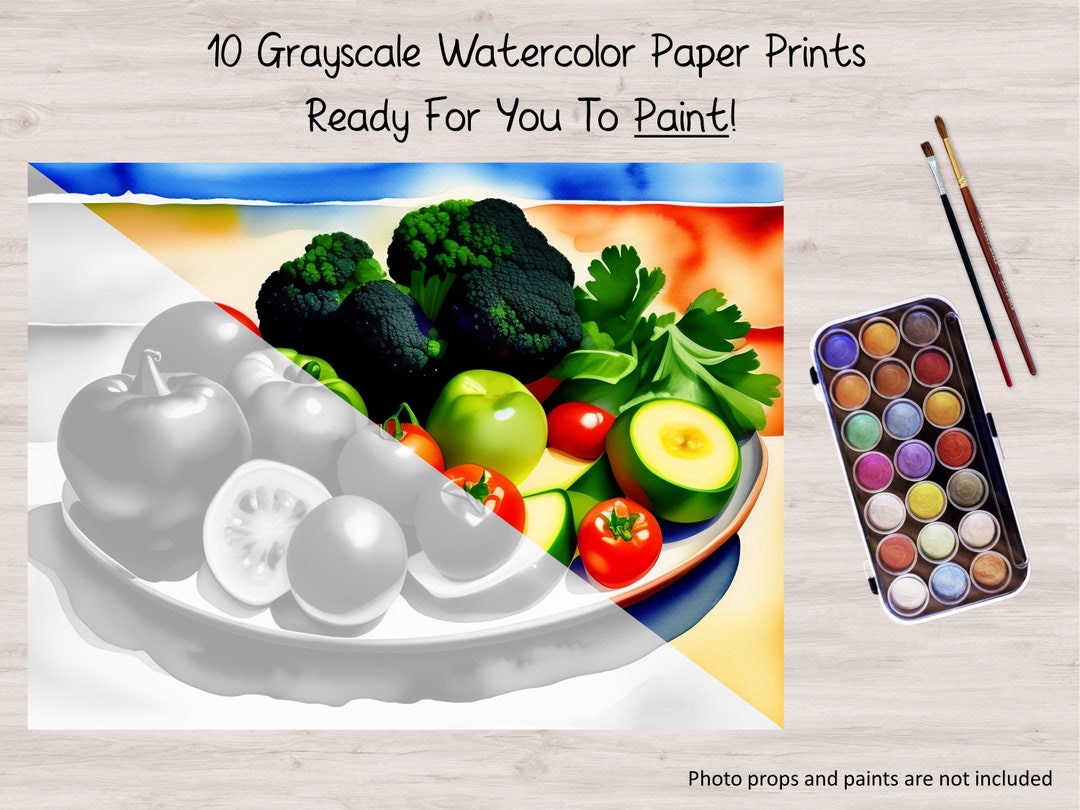 Grayscale Watercolor Painting, 10 Vegetable Baskets and Bowls, Printed ...