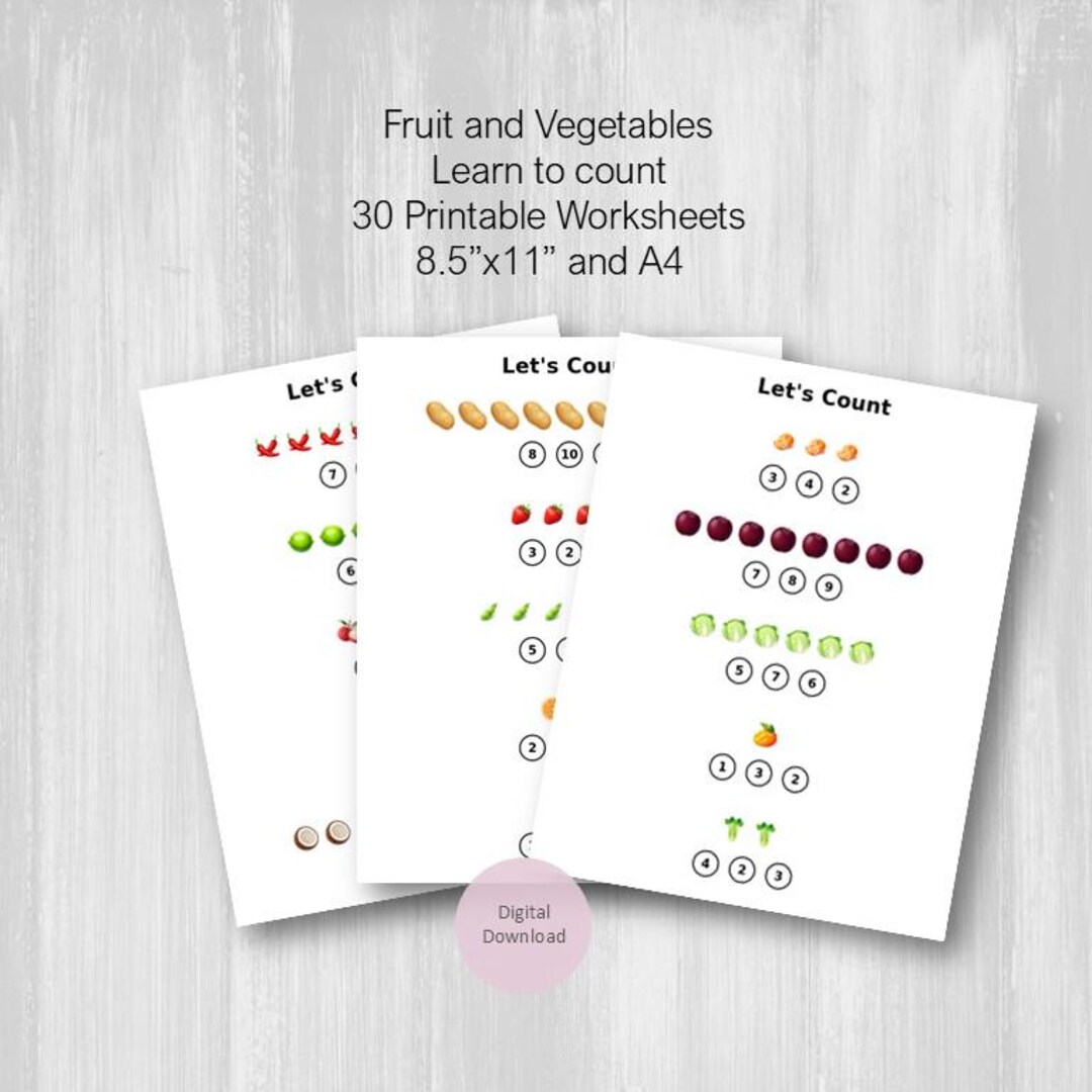 Fruit and Vegetable Counting Worksheets for Preschool, Learn to Count ...