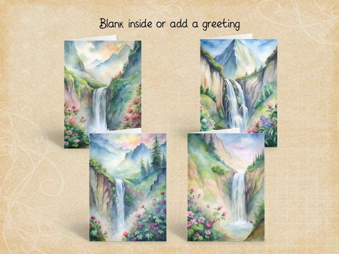 Waterfalls in the Mountains, Watercolor Art Printed on a Greeting Cards ...
