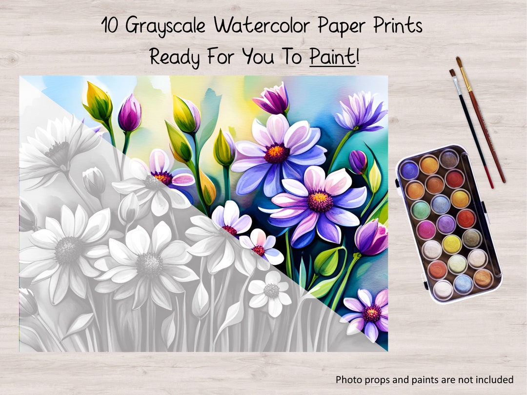 Grayscale Watercolor Painting, 10 Flowers in Fields, Floral, Printed on ...