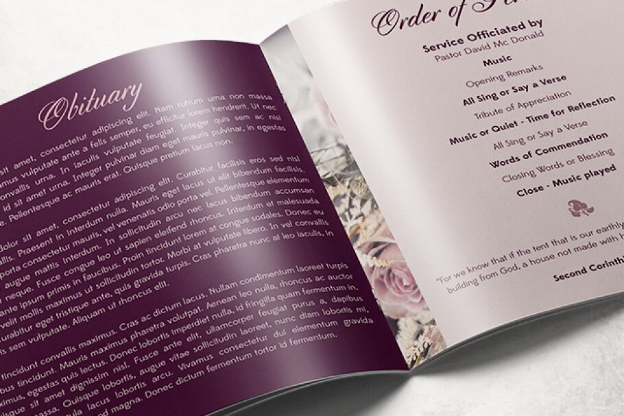 Purple Rose Funeral Program Photoshop Template Bi-fold - Etsy