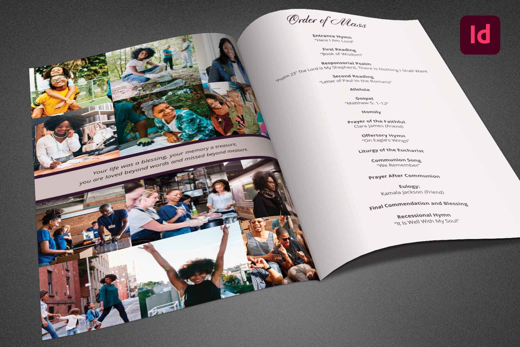 Purple Floral Funeral Indesign Program Template IDML Final Size 5.5x8.5 ...