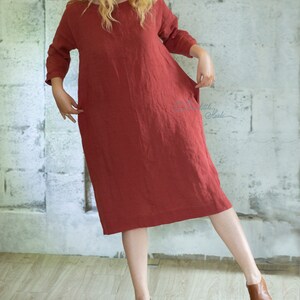 Brick Red Linen Tunic, Washed Linen Dress, Midi Dress, Autumn Linen ...