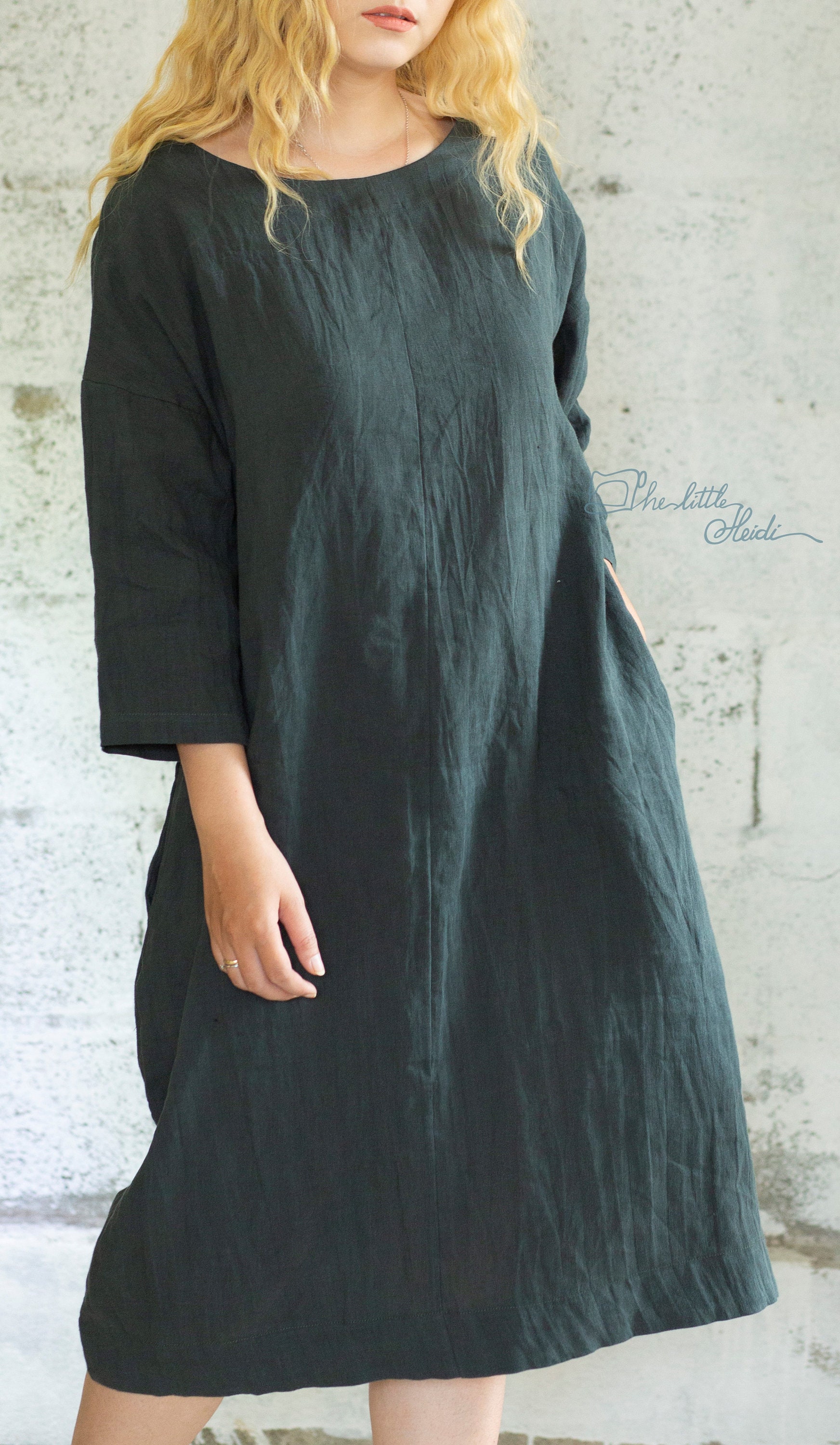 Moss Green Linen tunic Washed linen Dress Midi Dress Autumn | Etsy