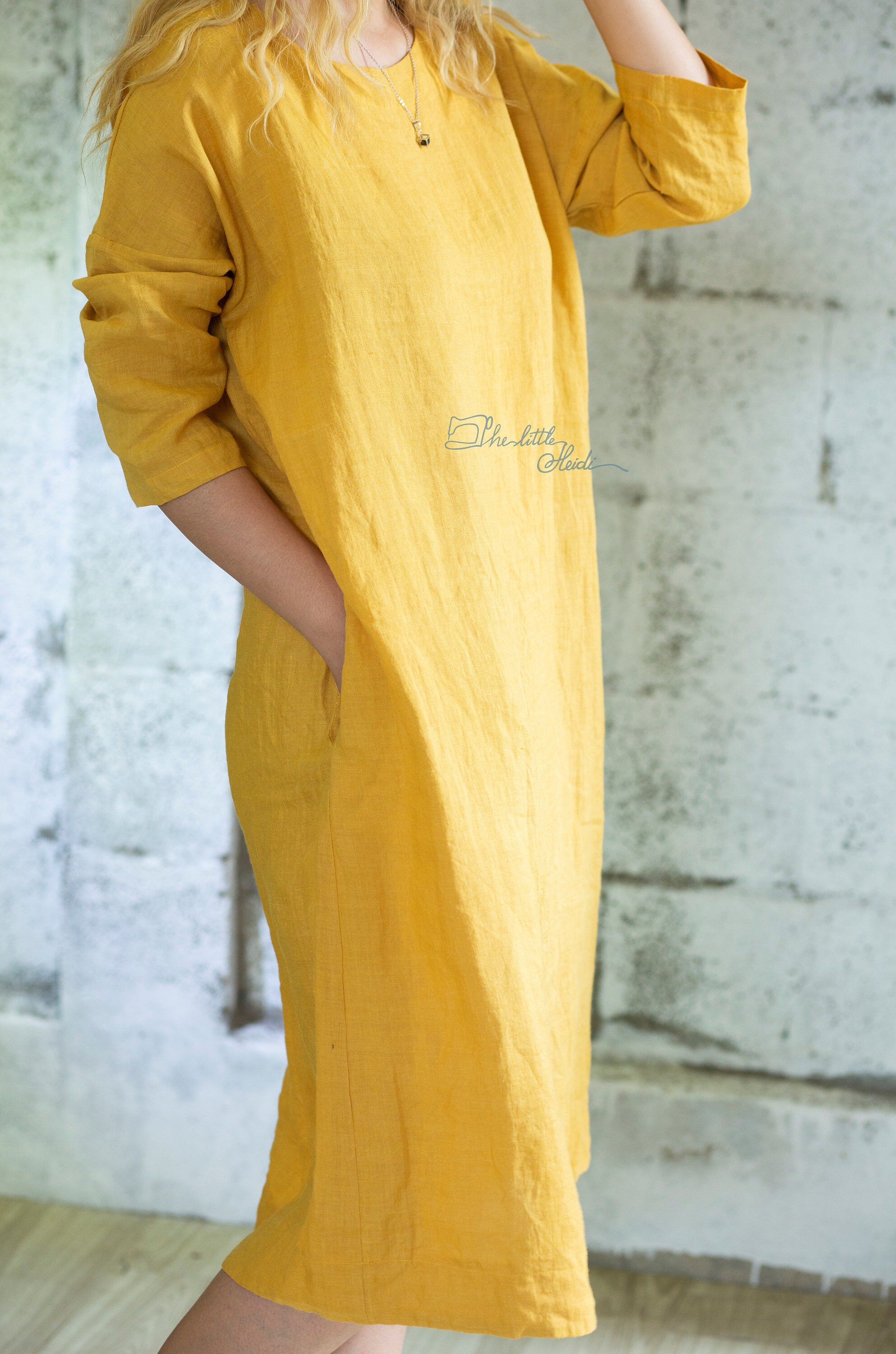 Moss Green Linen tunic Washed linen Dress Midi Dress Autumn | Etsy