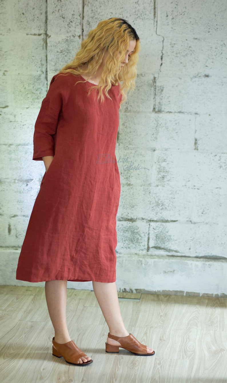Brick Red Linen Tunic Washed Linen Dress Midi Dress Autumn - Etsy