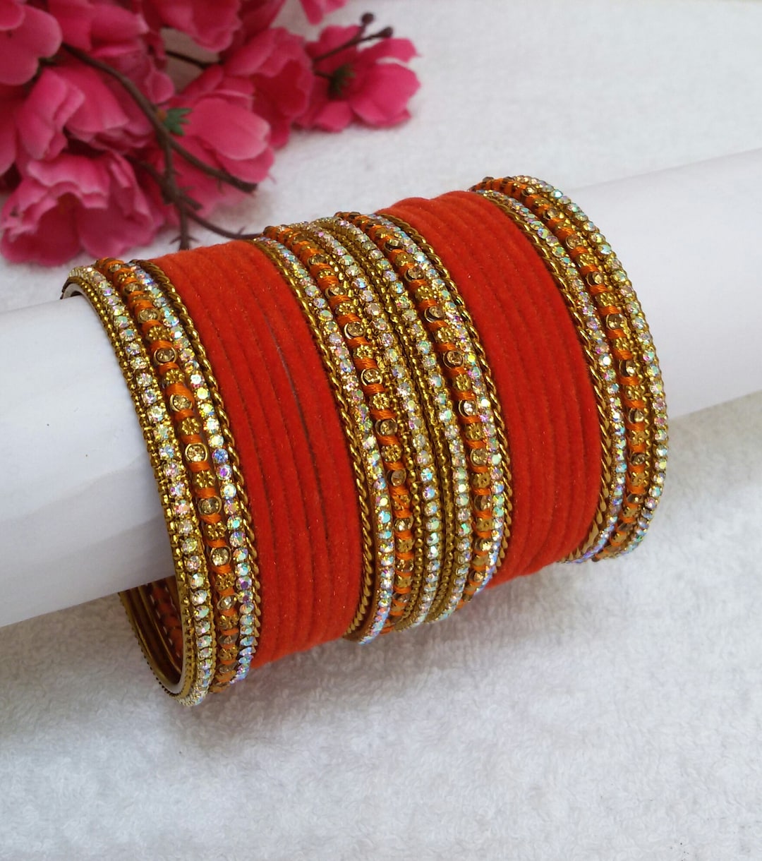Orange Handcrafted Bangles With Velvet Bangles for Wedding - Etsy
