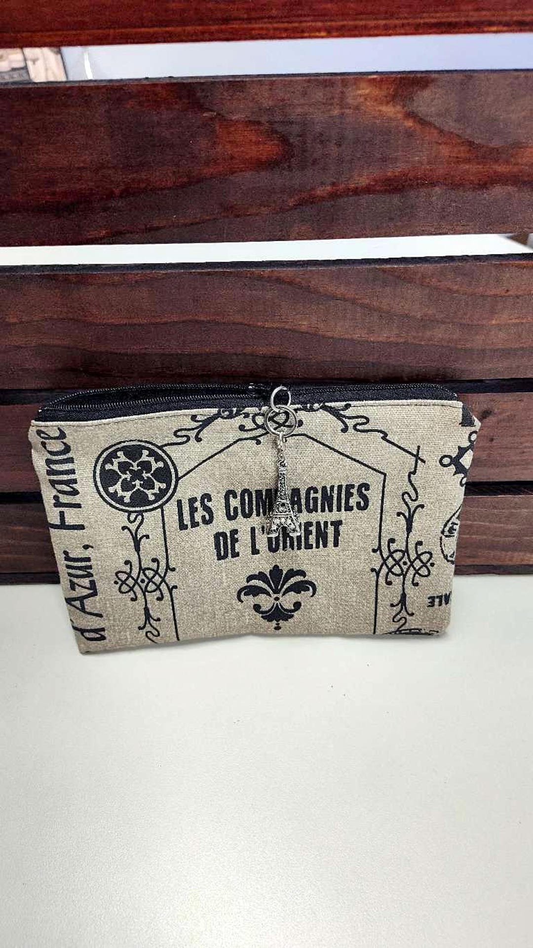 Lined Zipper Pouch - Grey Scroll Pattern With Crystal Zipper Pull Charm ...