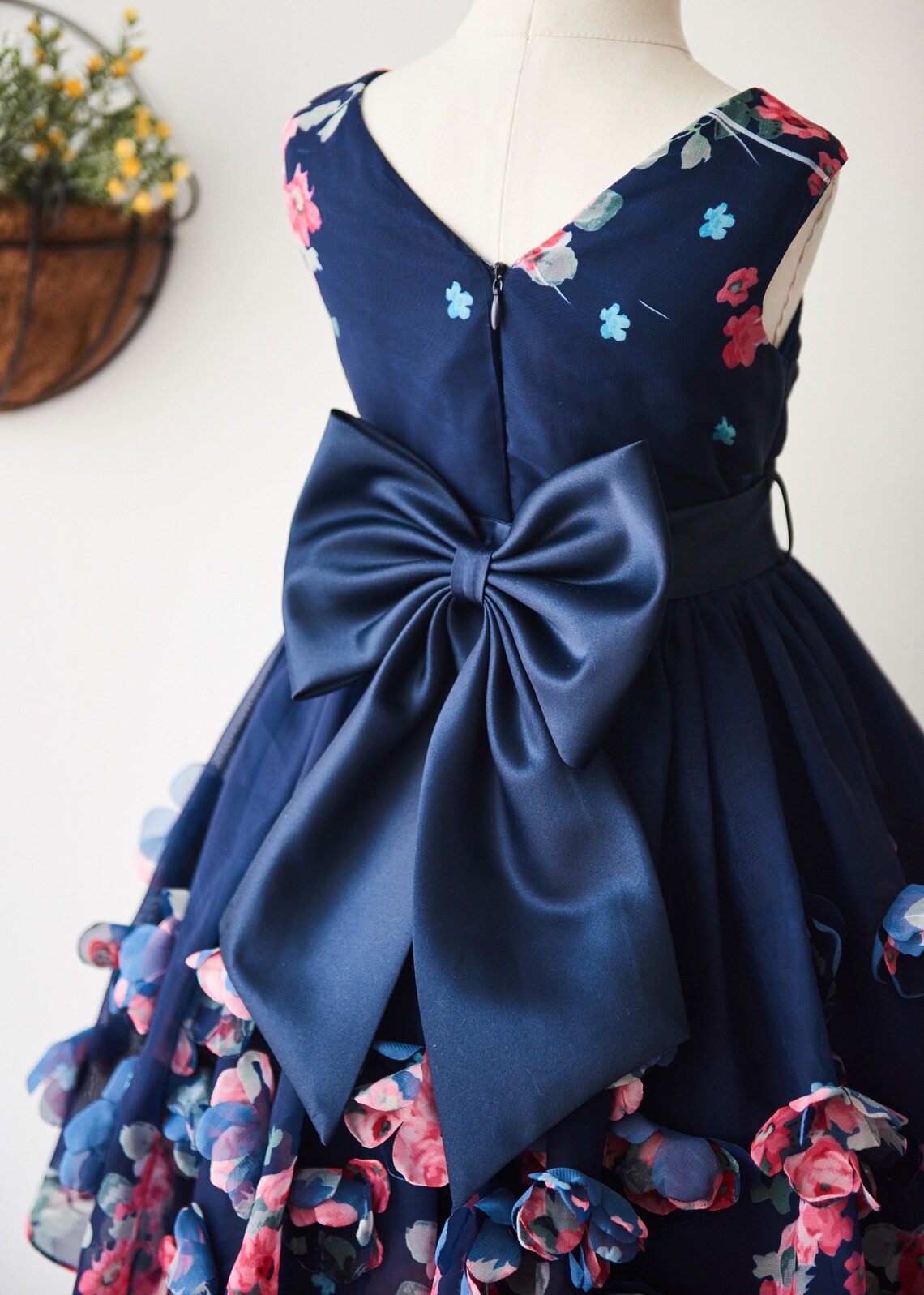 Navy Blue Printed Floral Chiffon Wedding Flower Girl Dress - Etsy