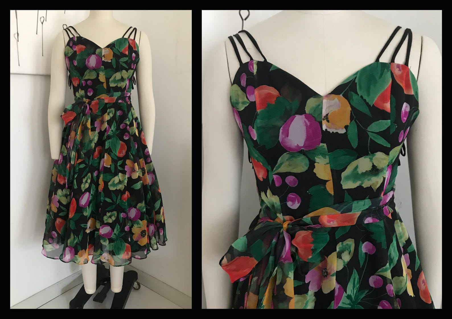 Vintage 50s Style Summer Party Dress,floral Pattern Black Dress With ...