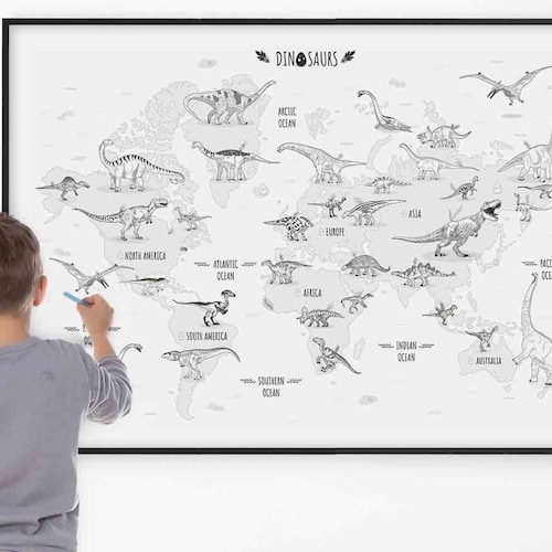 Dinosaur World Map Printable Illustration Horizontal Jurassic - Etsy