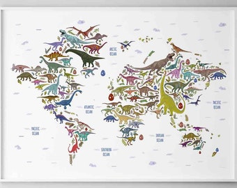 Dinosaur World Map Printable Illustration Horizontal Jurassic | Etsy UK