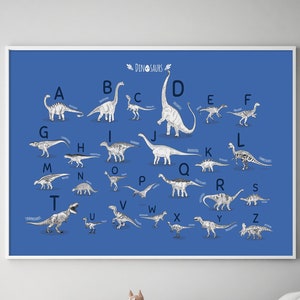 Dinosaurs Alphabet Print, Landscape, ABC Poster, Nursery Alphabet Blue ...