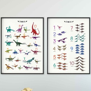Watercolour Set of 2 Dinosaur Alphabet & Numbers Prints, Playroom 1 to ...
