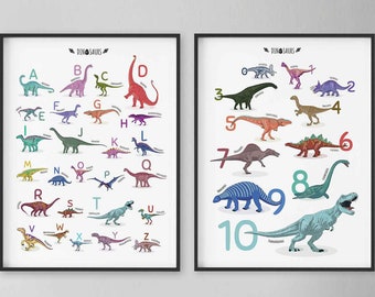 Watercolour Set of 2 Dinosaur Alphabet & Numbers Prints | Etsy