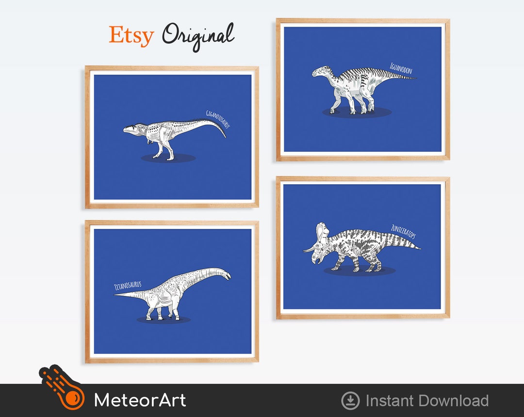 Set of 4 Blue Dinosaur Prints, Dinosaur Nursery Illustration, Kids ...