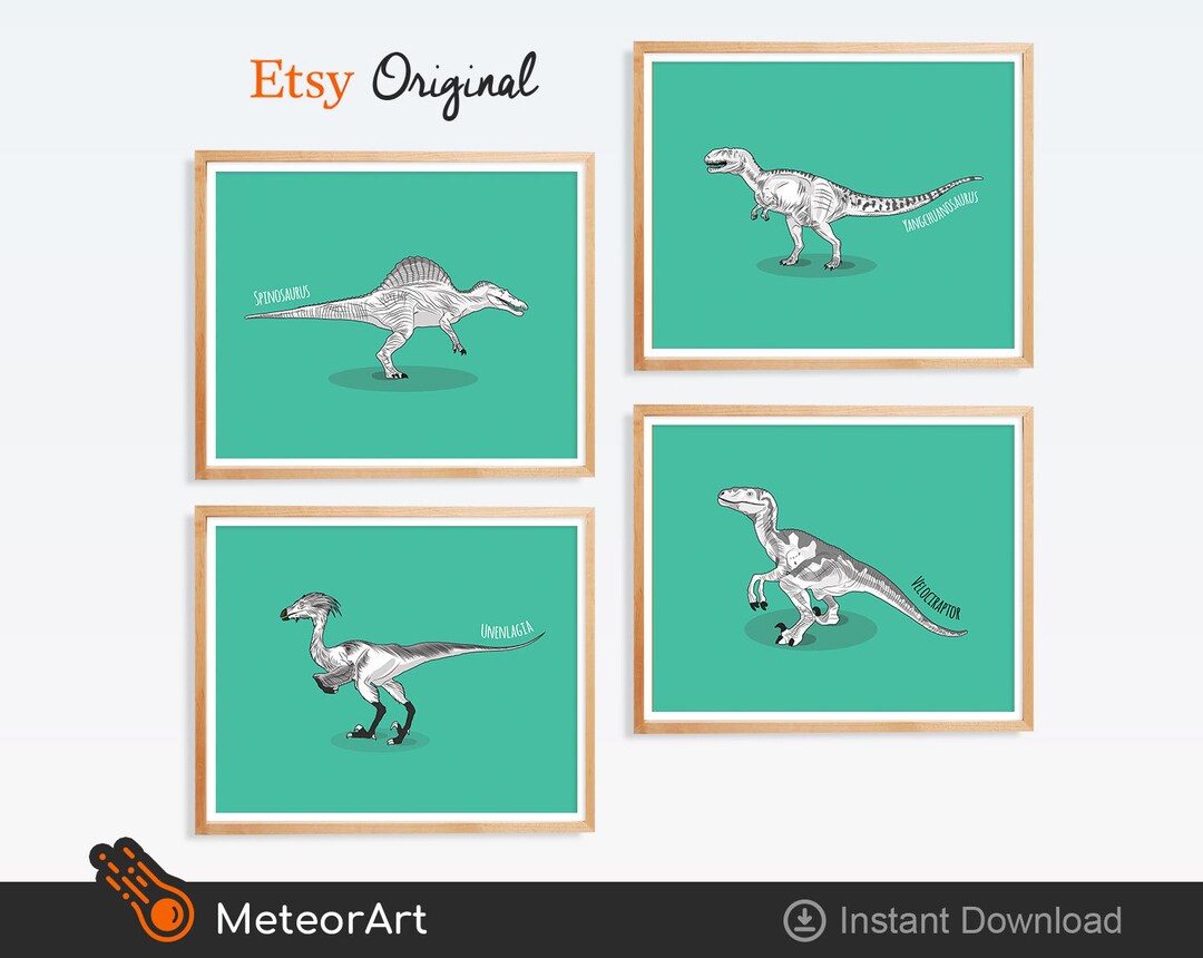 Turquoise Dinosaur Prints, Set of 4, Kids Room Decor (digital Download ...