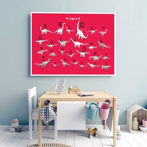 Dinosaurs Alphabet Red Print, Landscape, ABC Poster, Nursery Alphabet ...