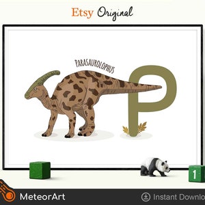Letter P, Parasaurolophus Dinosaur Illustration, Alphabet Dinosaur Wall ...