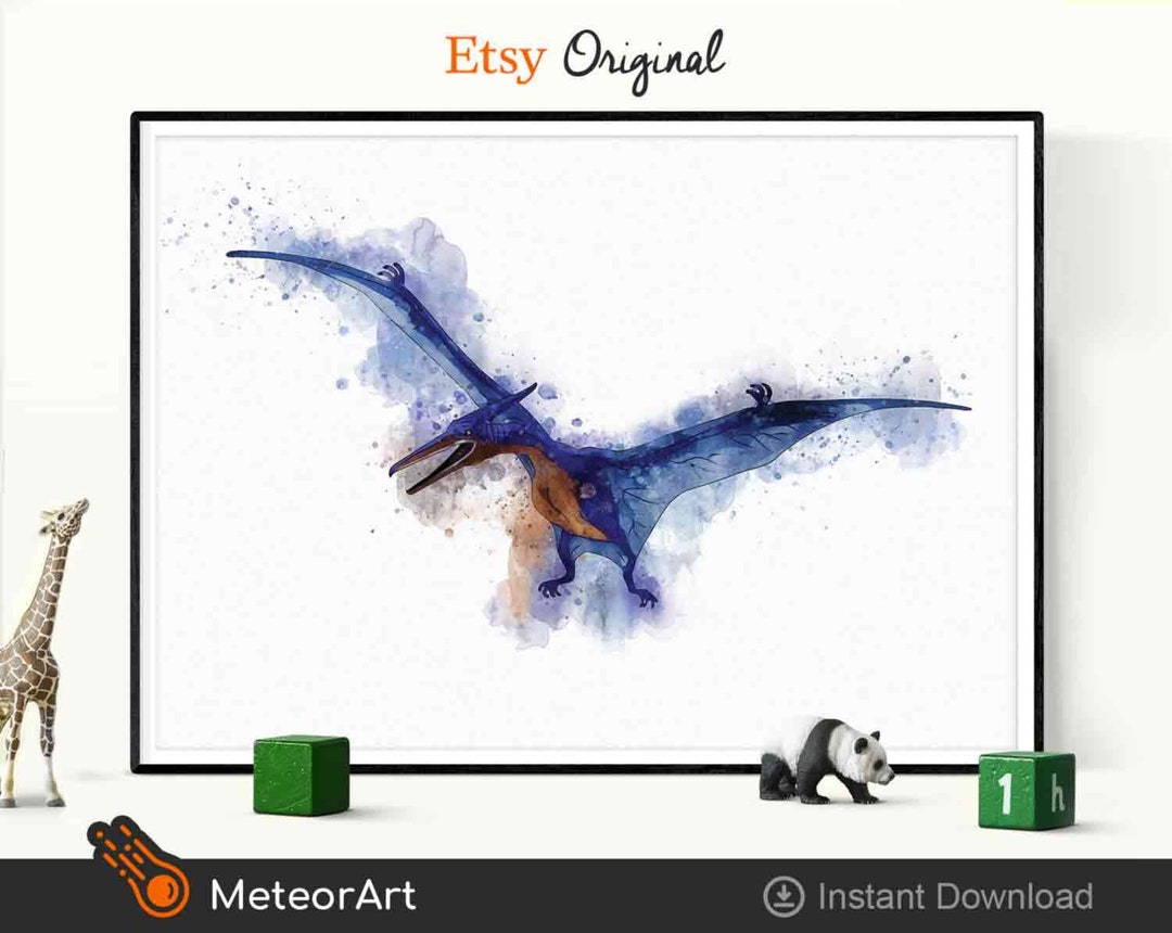 Watercolor Pterodactyl Dinosaur Nursery Illustration, Dinosaur Print ...