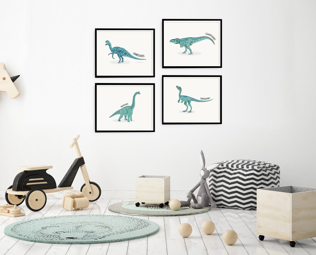 Set of 4 Blue Dinosaur Prints, Dinosaur Nursery Illustration, Kids ...