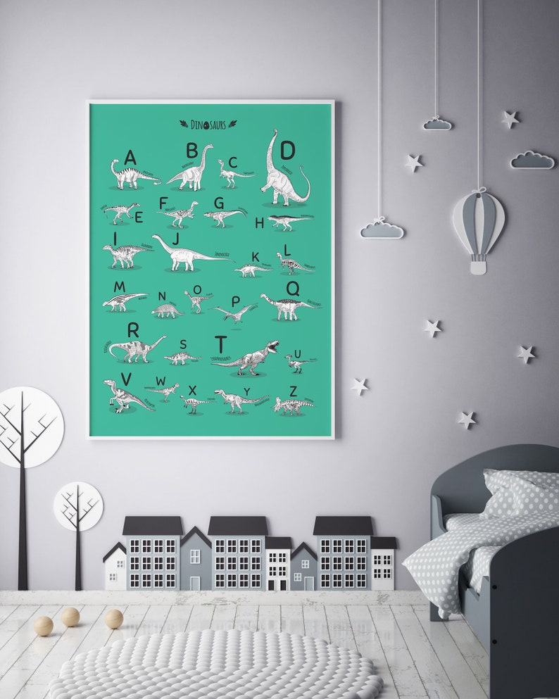 Turquoise Alphabet Dinosaurs Print Portrait ABC Poster - Etsy