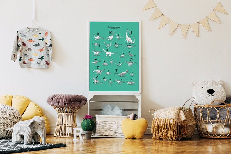 Turquoise Alphabet Dinosaurs Print Portrait ABC Poster - Etsy