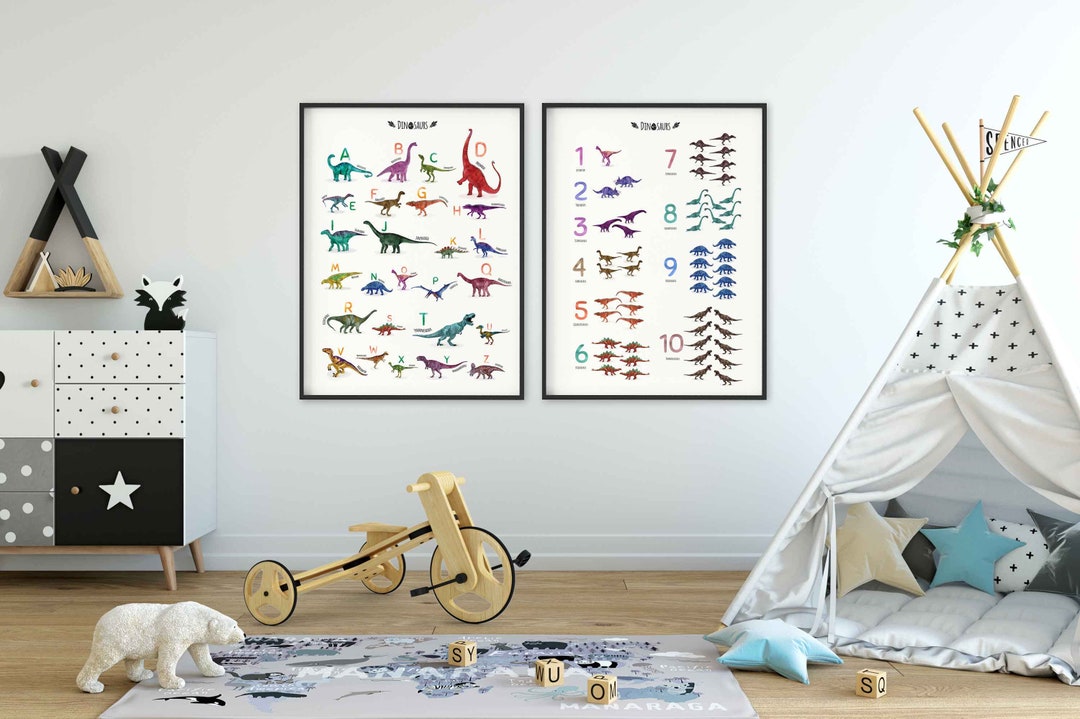 Watercolour Set of 2 Dinosaur Alphabet & Numbers Prints, Playroom 1 to ...