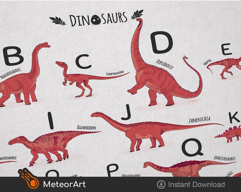 Dinosaurs Alphabet Red Print Horizontal ABC Poster Nursery - Etsy