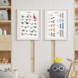 Watercolour Set of 2 Dinosaur Alphabet & Numbers Prints, Playroom 1 to ...