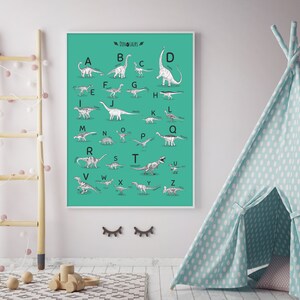 Turquoise Alphabet Dinosaurs Print, Portrait ABC Poster, Nursery ...