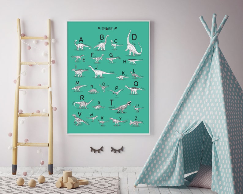 Turquoise Alphabet Dinosaurs Print Portrait ABC Poster - Etsy