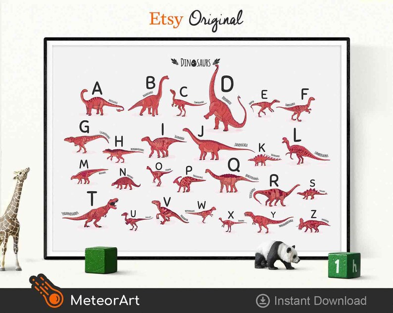 Dinosaurs Alphabet Red Print Horizontal ABC Poster Nursery - Etsy