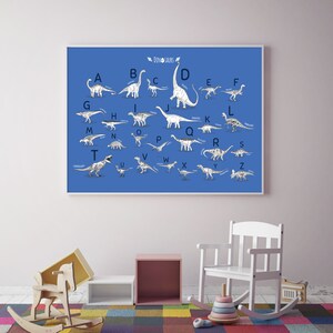 Dinosaurs Alphabet Print, Landscape, ABC Poster, Nursery Alphabet Blue ...