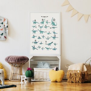 Alphabet Dinosaurs Print, Vertical ABC Poster, Nursery Alphabet Blue ...