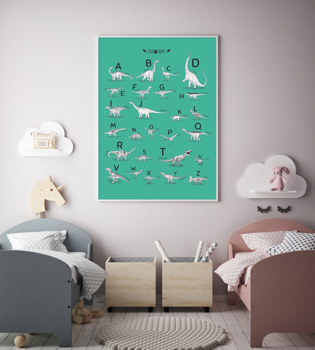 Turquoise Alphabet Dinosaurs Print, Portrait ABC Poster, Nursery ...